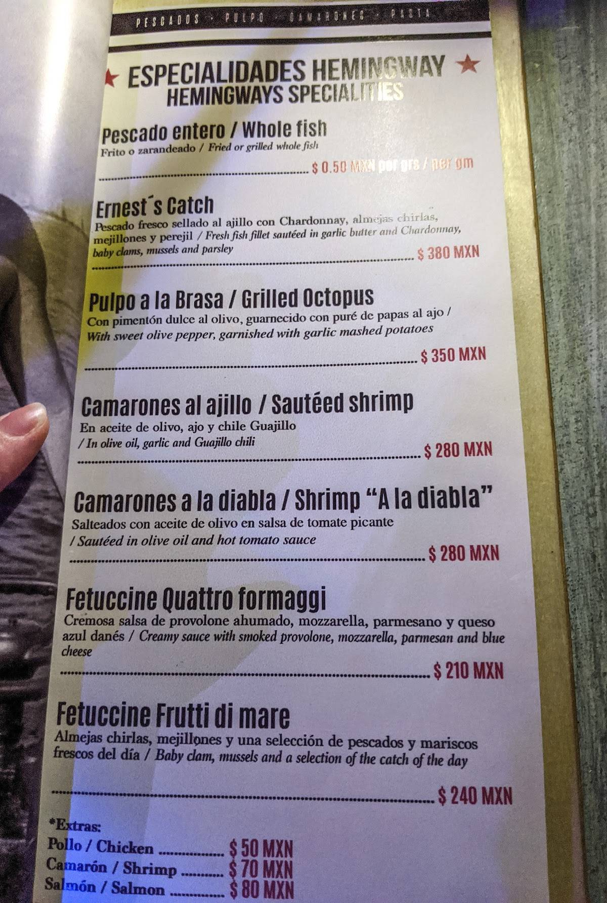 Menu at Hemingway Restaurant Beach & Nightclub Cozumel, San Miguel de ...