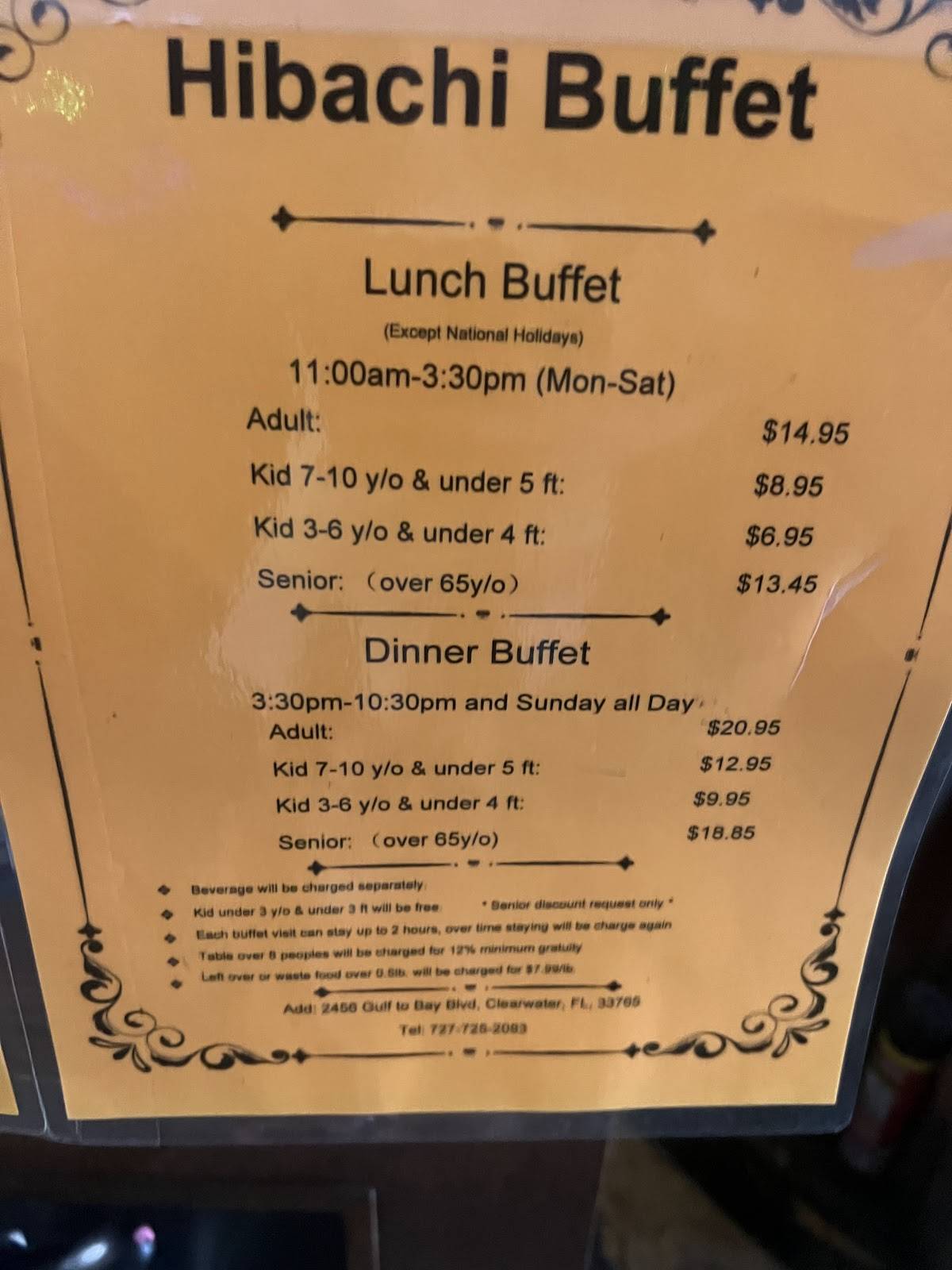 Menu at Hibachi Buffet restaurant, Clearwater