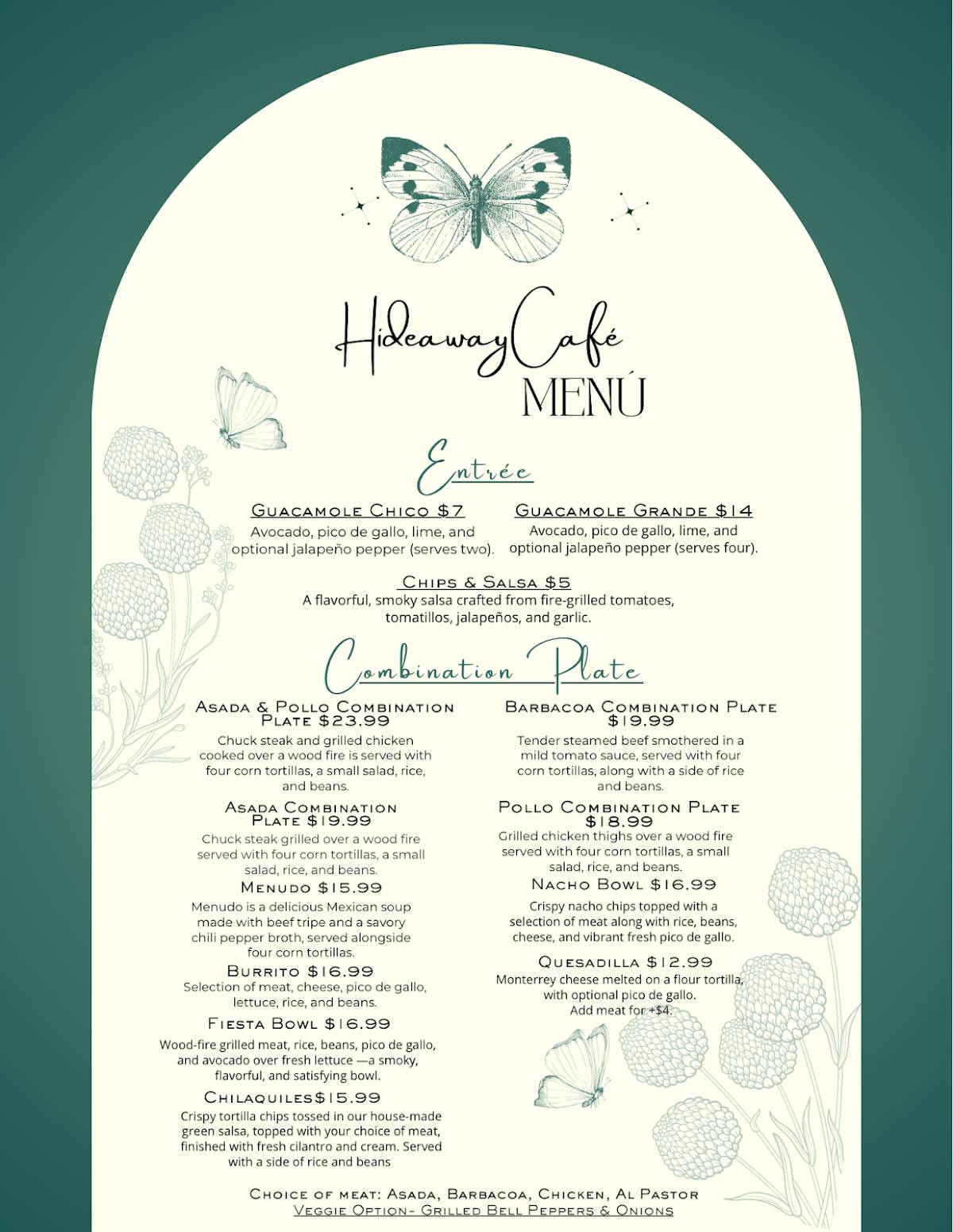 Menu at Hideaway Café restaurant, Los Angeles, Little Tujunga Canyon Rd