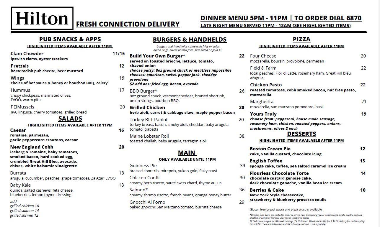 Menu at Hilton Lobby, Boston