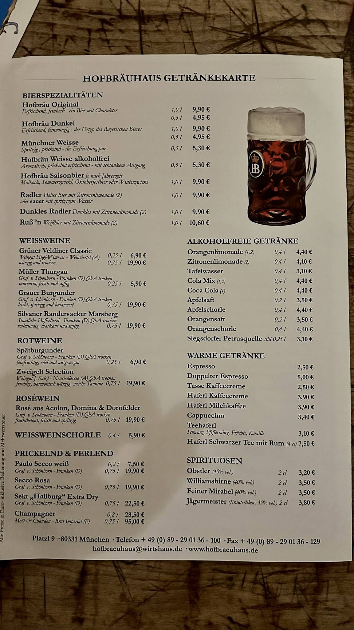 Menu at Hofbräuhaus München restaurant, Munich, Platzl 9