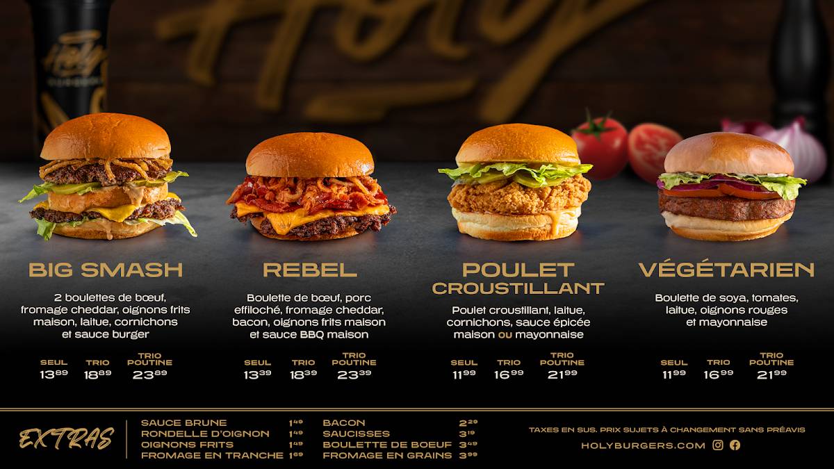 Menu au Holy Burgers restaurant, Québec, Bd des Galeries Local Fc01