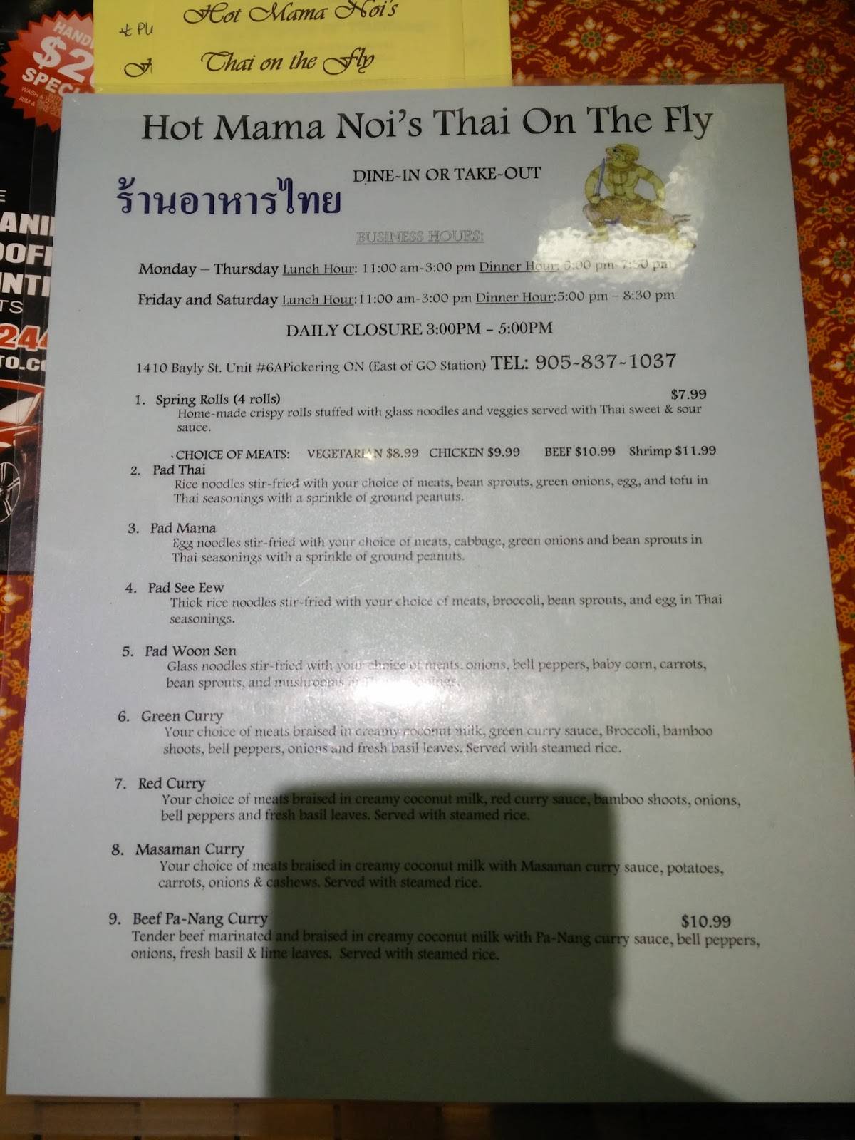 Menu at Hot Mama Noi's Thai On The Fly restaurant, Pickering