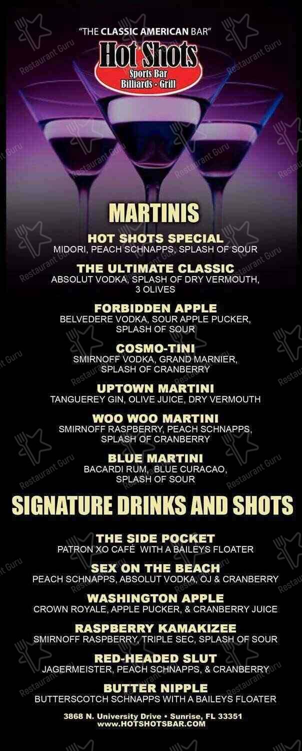 Carta de Hot Shots Sports Bar & Billiards, Tamarac