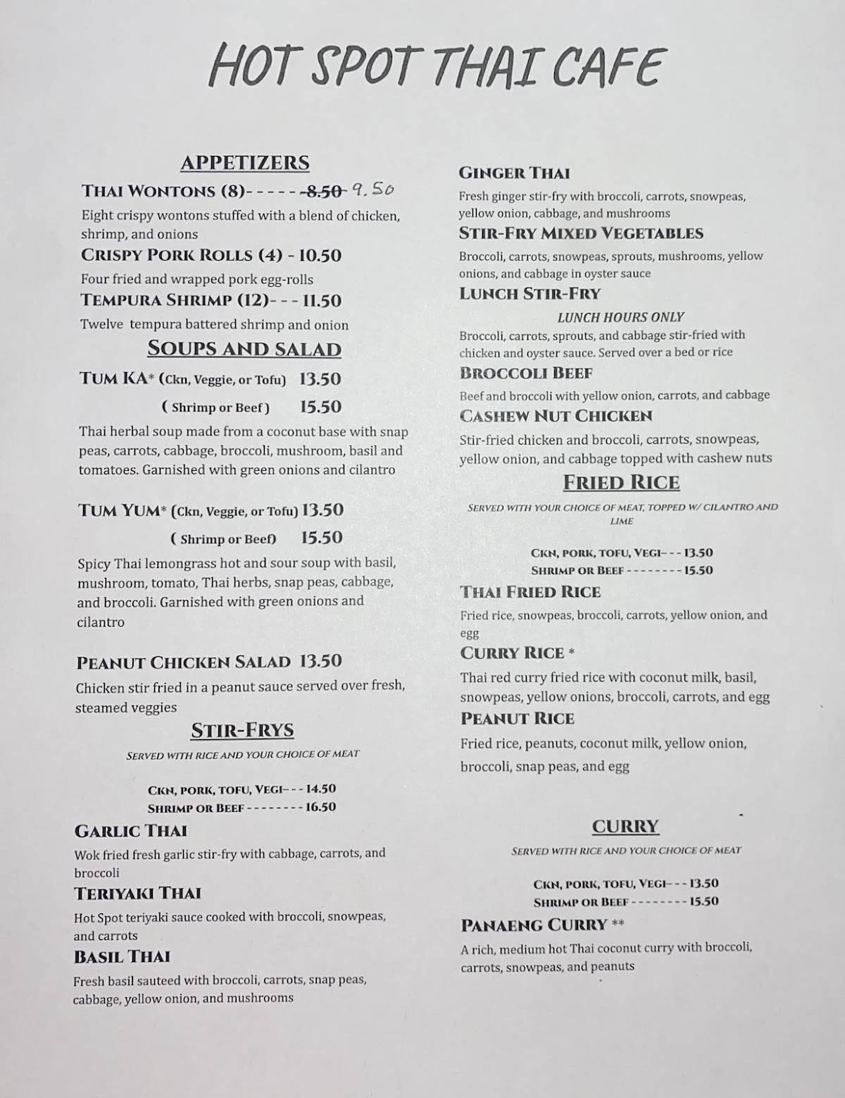 Menu at Hot Spot Thai Cafe, Polson