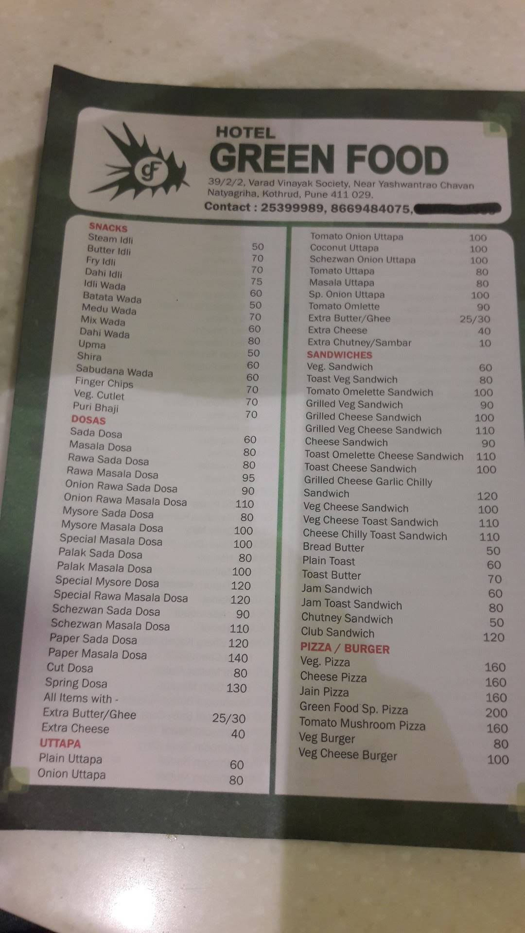 Menu at Hotel Green Food Kothrud - Pure Veg Restaurant, Pune