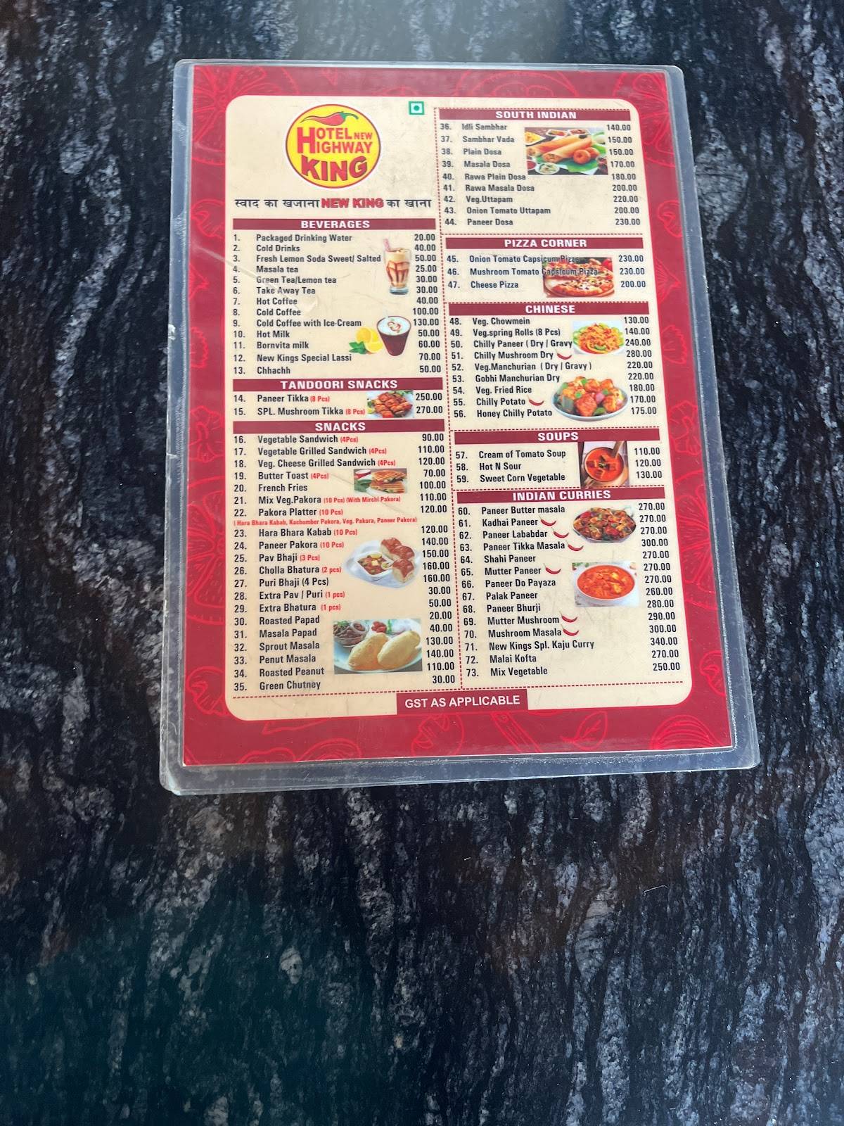 Menu at Hotel new highway king, India