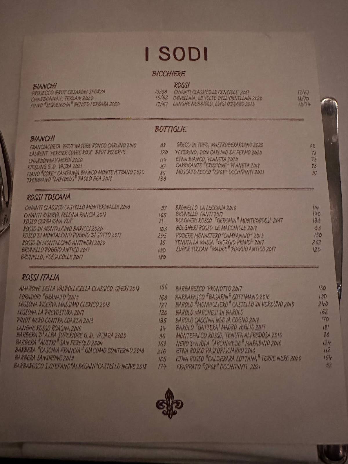 Menu at I Sodi restaurant, New York City, 314 Bleecker St