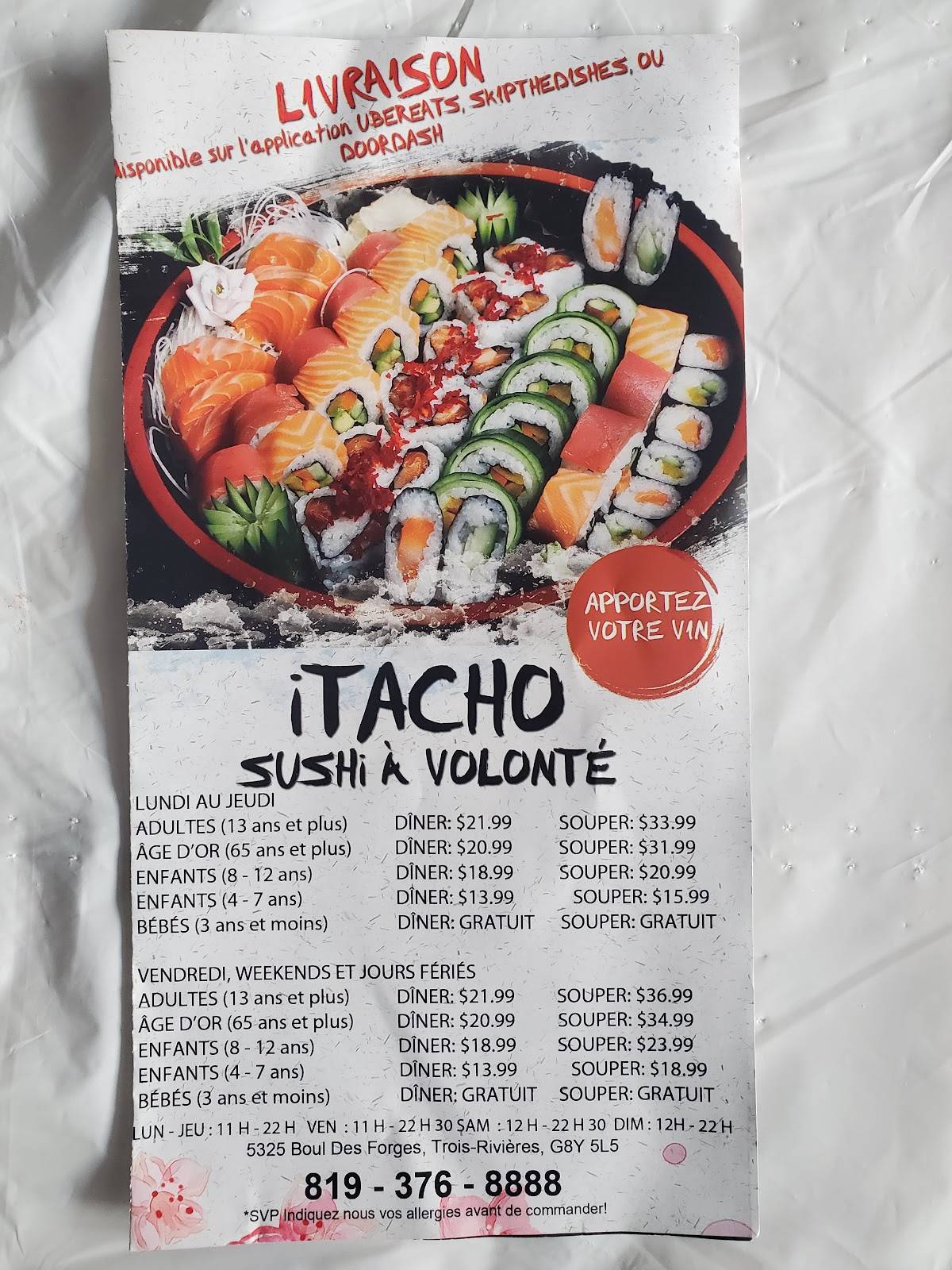 Menu au ITACHO SUSHI À VOLONTÉ restaurant, Trois-Rivières