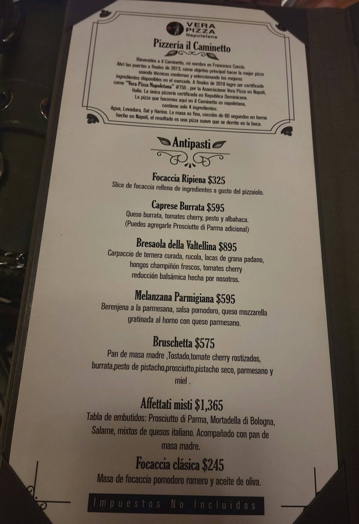 Menu at Il Caminetto restaurant, Santo Domingo, Av Ing Roberto Pastoriza