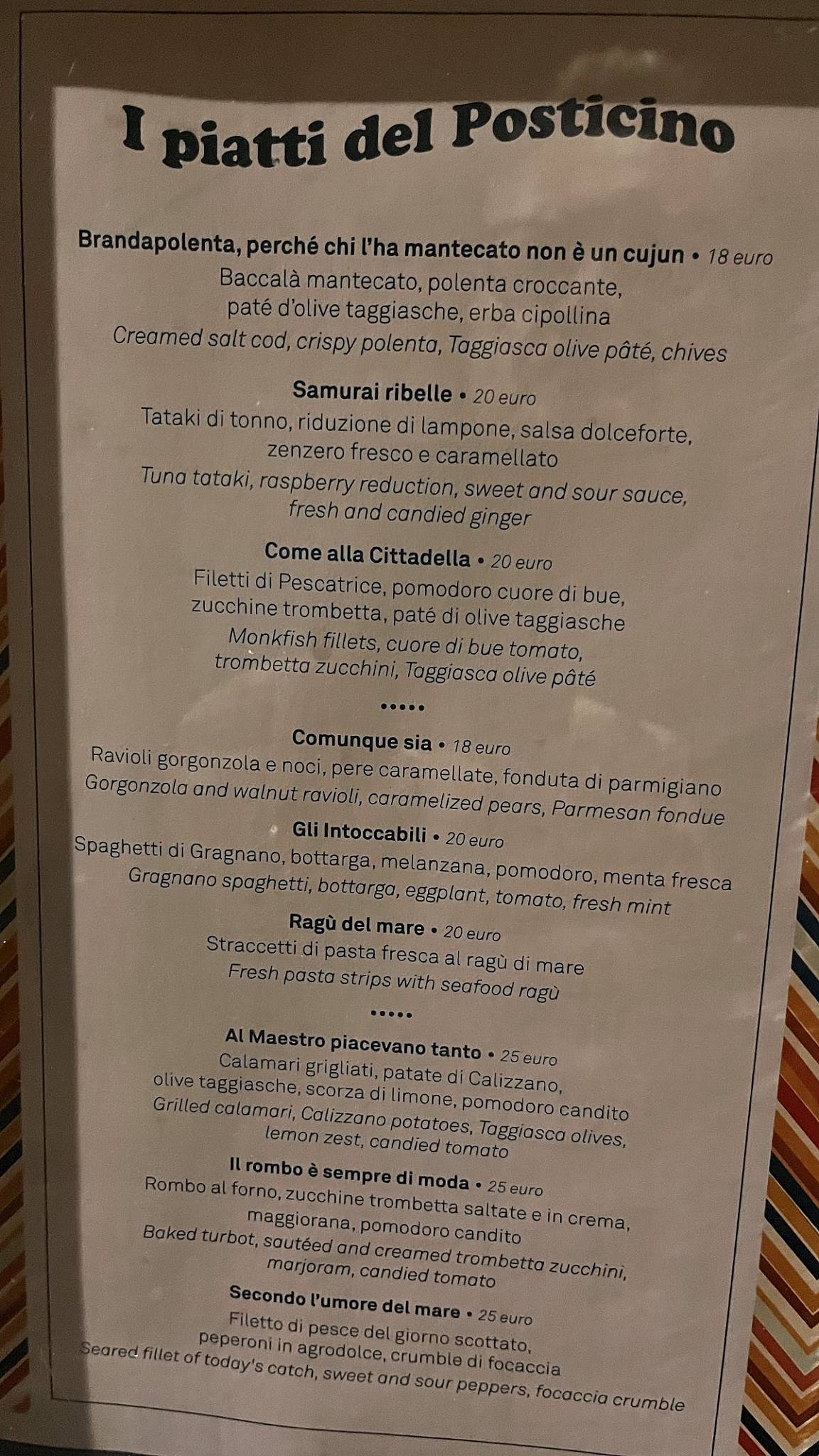 Menu da Il Posticino di Mirella Porro ristorante, Albenga