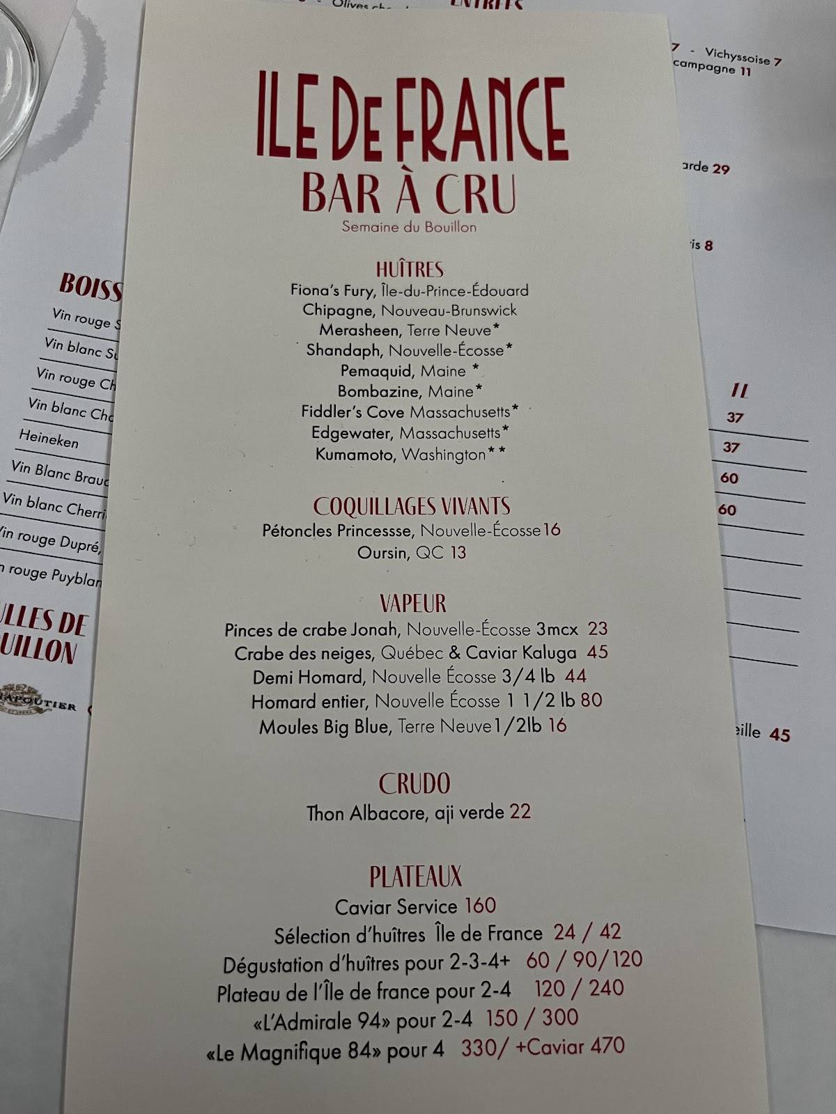 Menu au Restaurant Île de France - Le 9e, Montréal