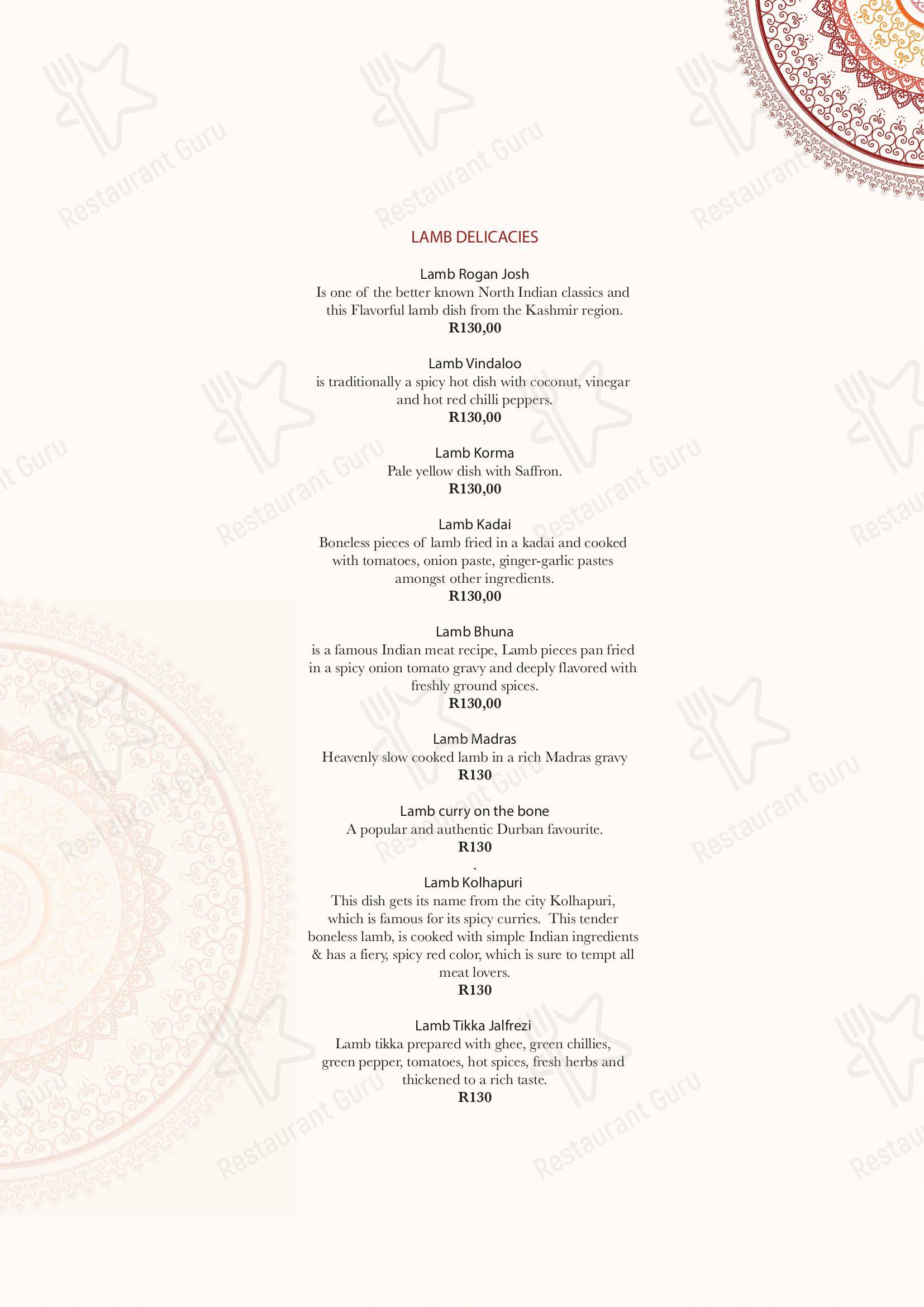 Menu at THE INCREDIBLE INDIA restaurant, Umhlanga