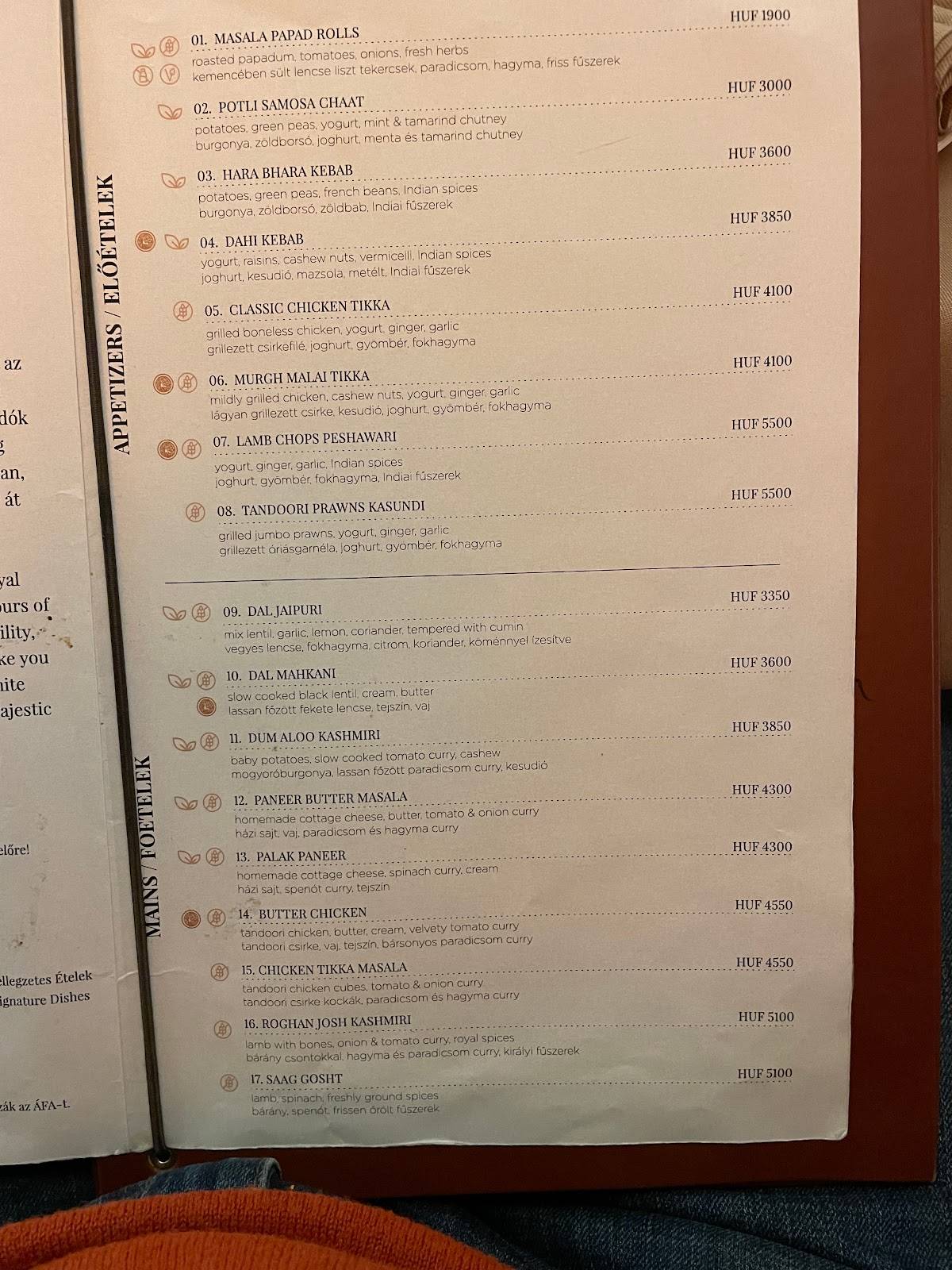 Carta de Indian Palate - Indian Restaurant in Budapest, Budapest