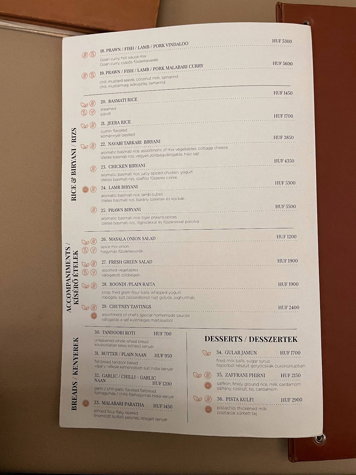 Carta de Indian Palate - Indian Restaurant in Budapest, Budapest