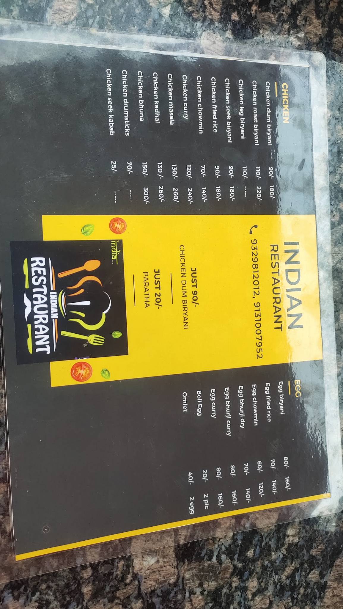 Menu at Indian Restaurant, Bilaspur