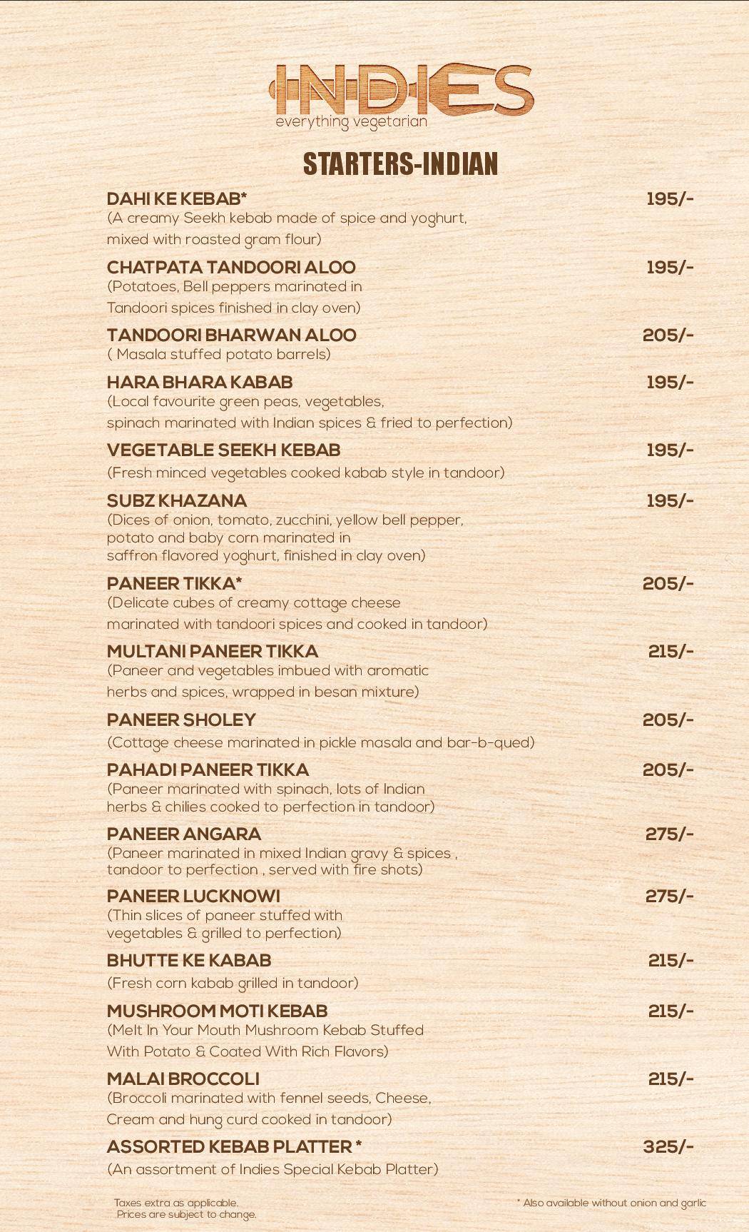 Menu at Indies, Kolkata