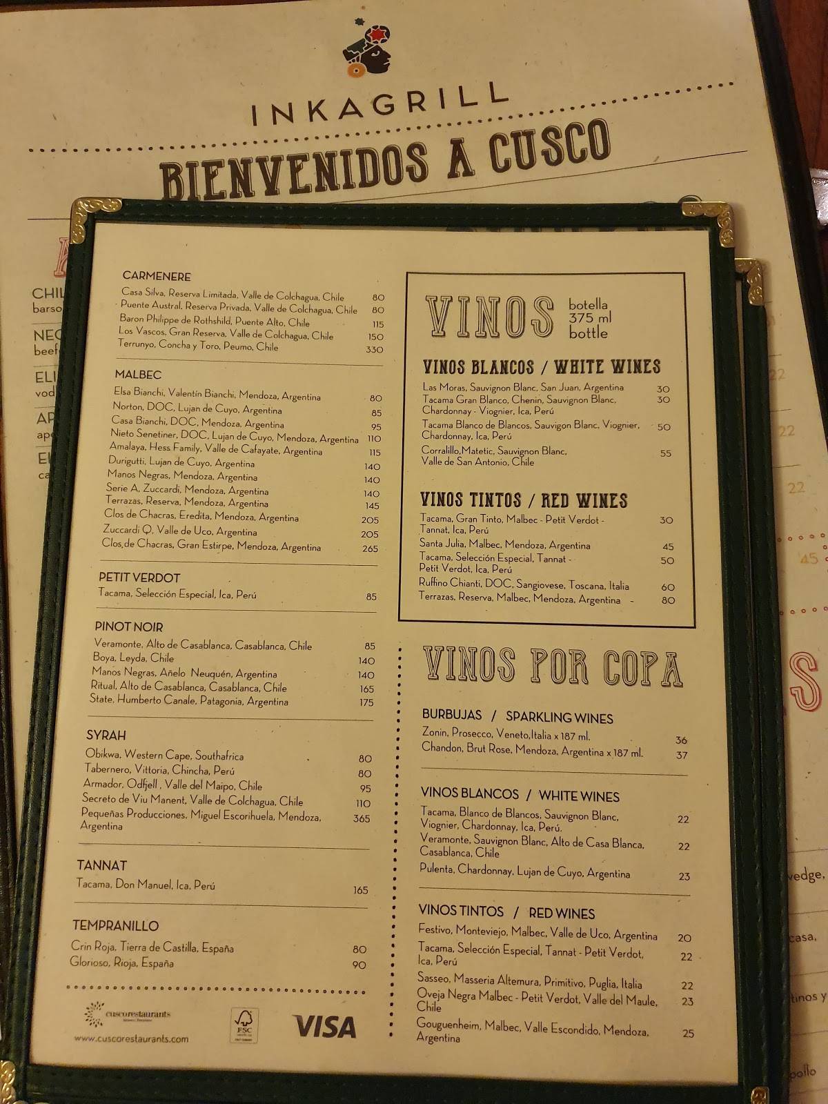 Menu at Inka Grill restaurant, Cusco