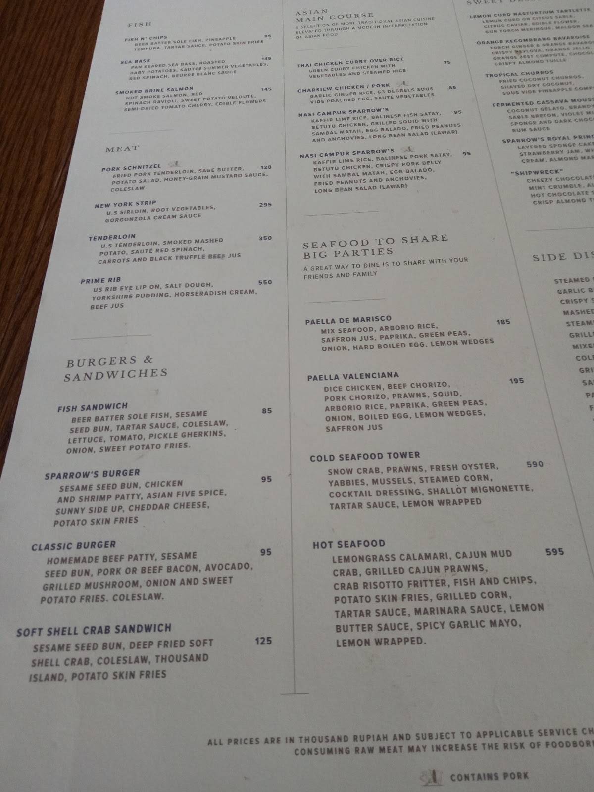 Menu at J.Sparrow Bar & Grill, South Jakarta