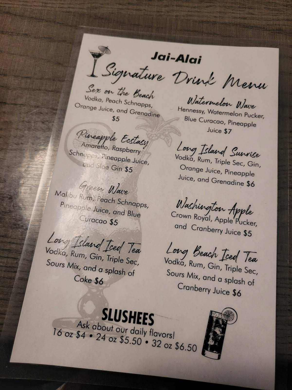 Menu at Jai Alai restaurant, Hermitage