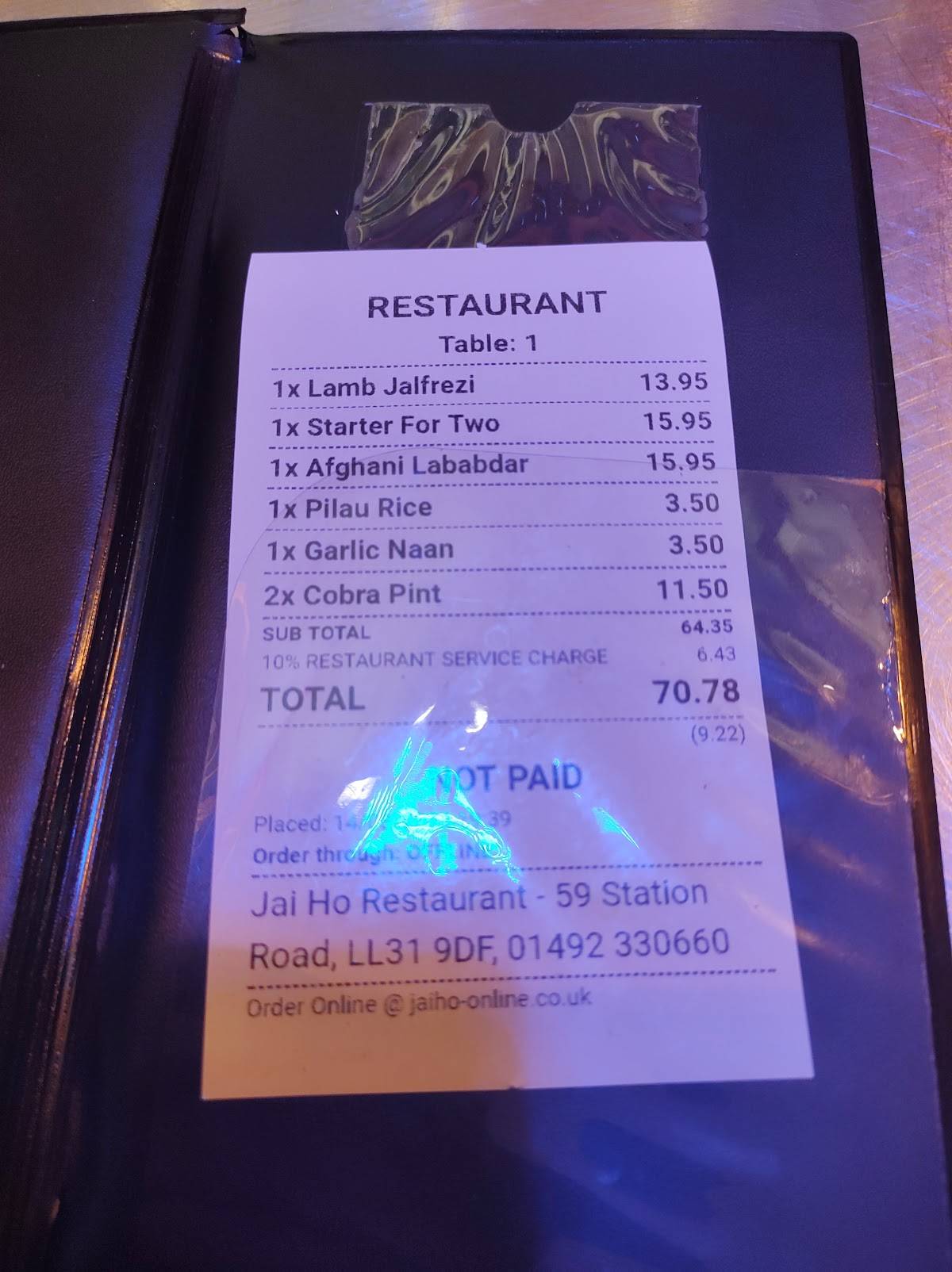 Menu at Jai Ho Restaurant, Deganwy