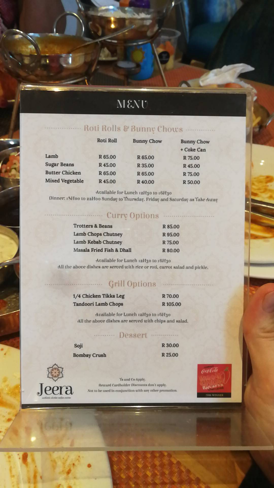 Menu at Jeera restaurant, Durban, Suncoast Towers