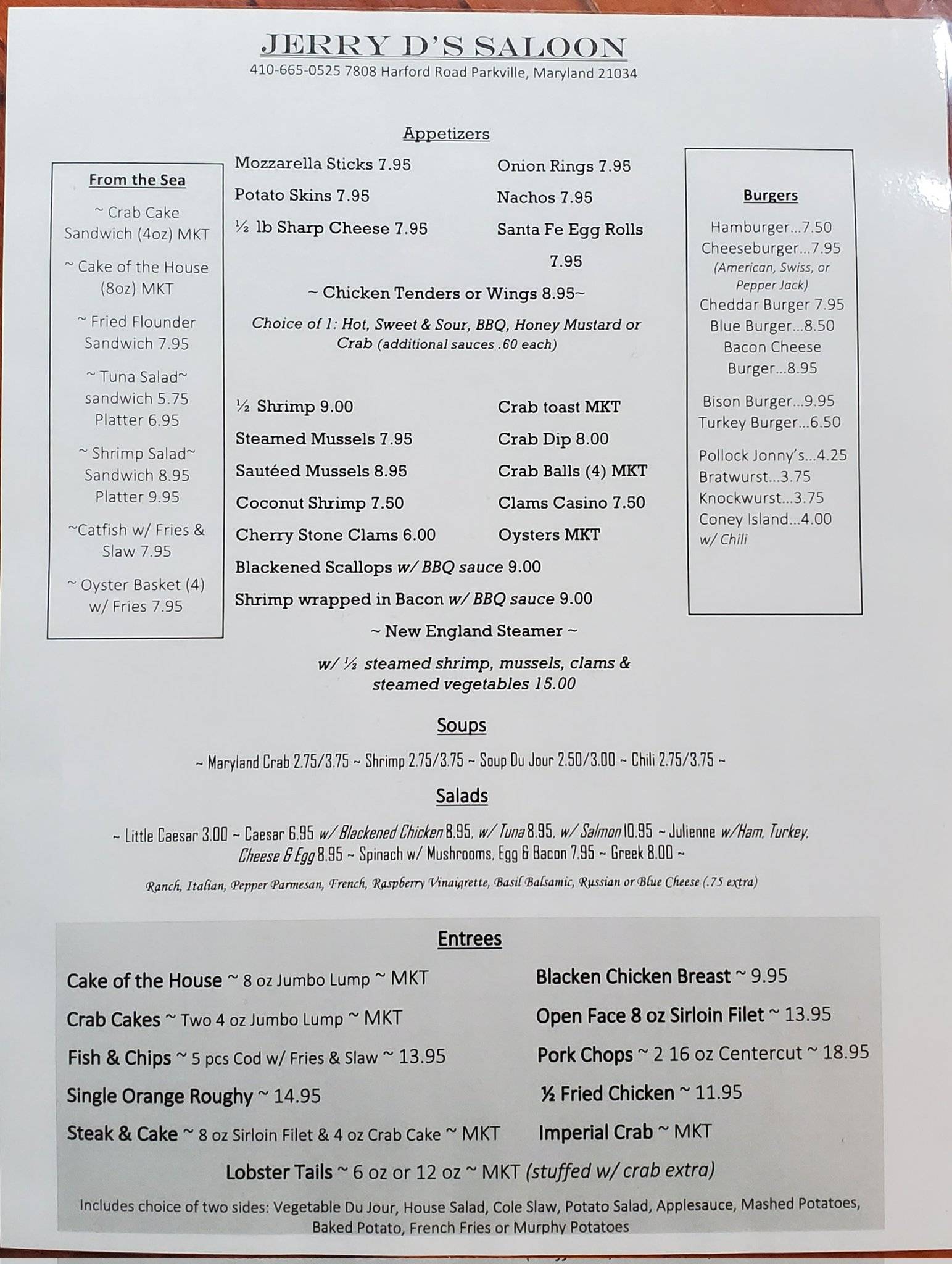 Menu at Jerry D's Saloon restaurant, Parkville