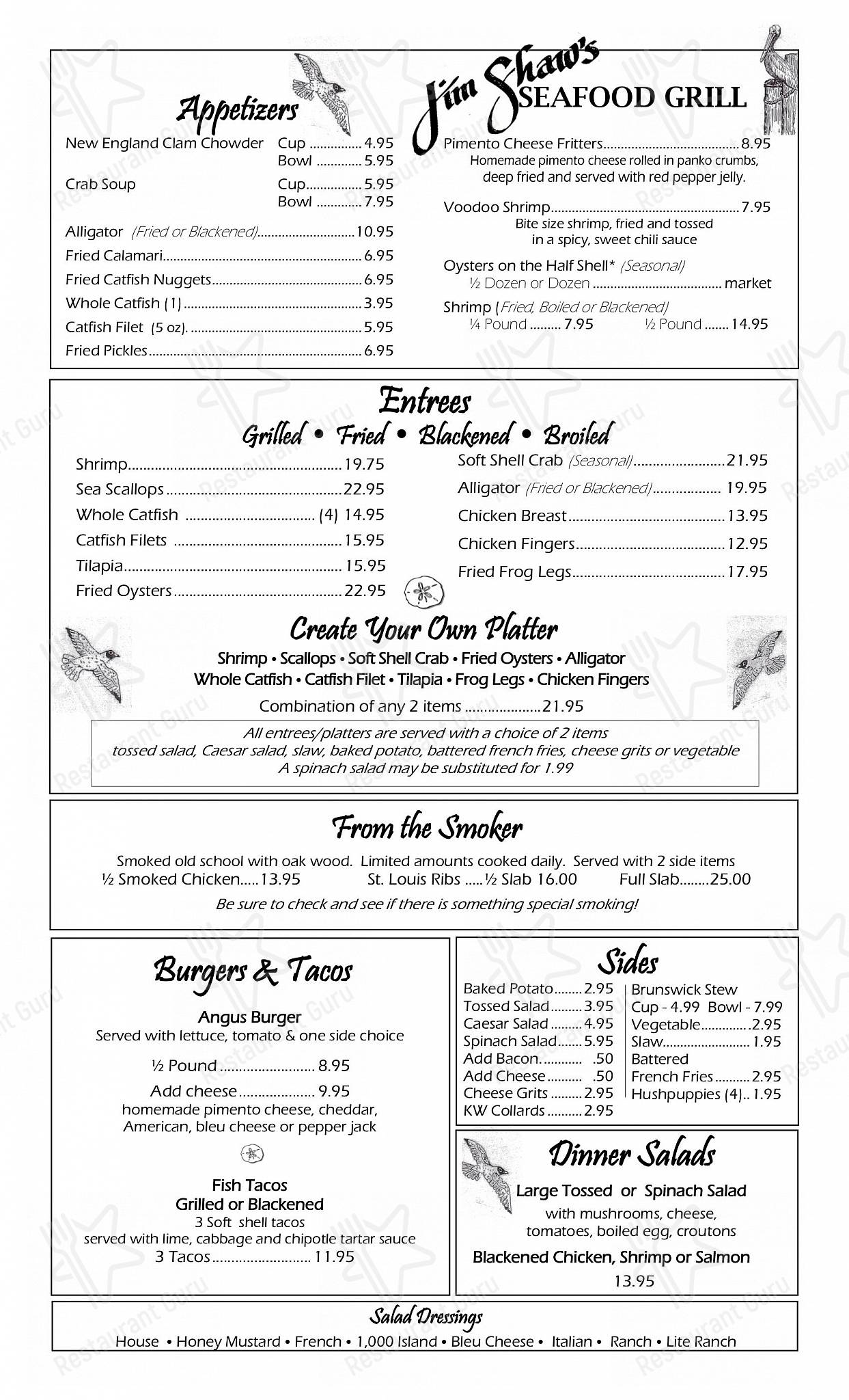 Menu at Jim Shaw's Seafood Grill restaurant, Macon