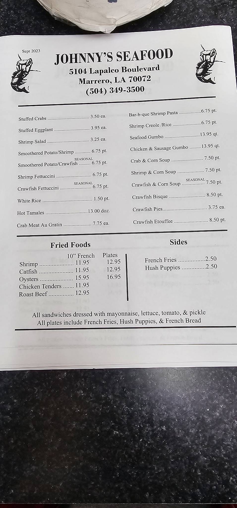 Menu at Johnny's Seafood restaurant, Marrero
