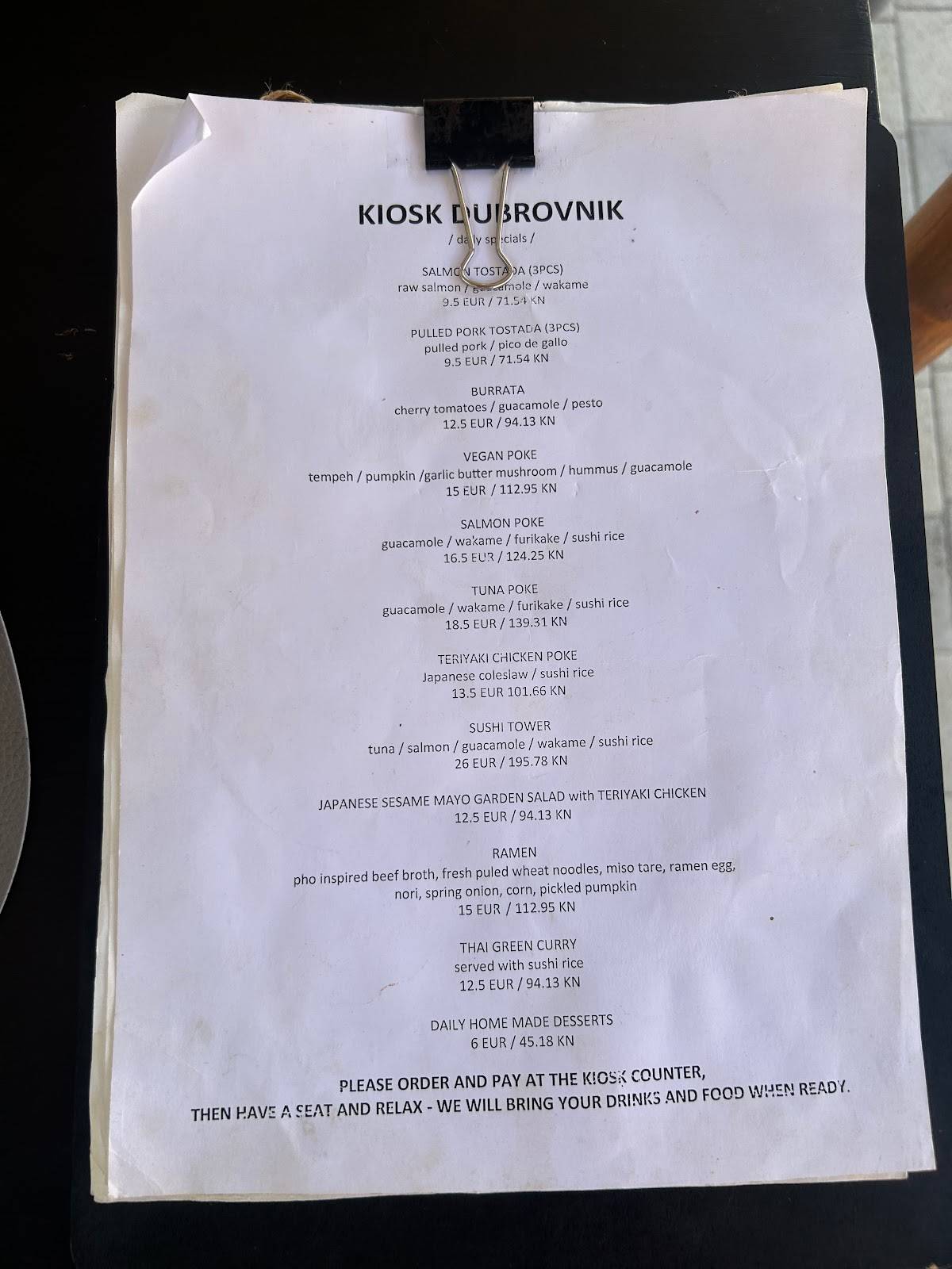 Menu au KIOSK DUBROVNIK restaurant, Dubrovnik