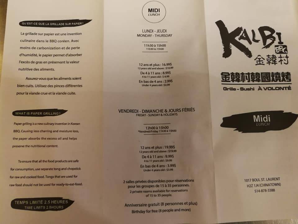 Menu au Kalbi BBQ, Montréal