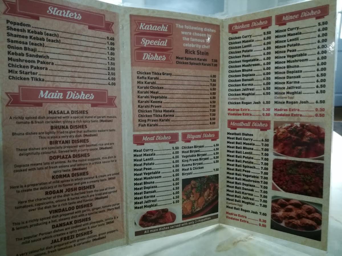 Menu at Karachi Restaurant, Bradford, 15 Neal St