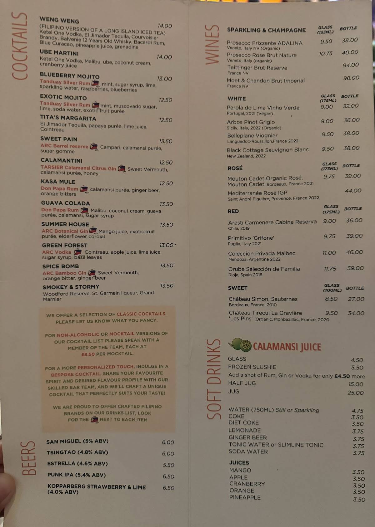 Menu at Kasa and Kin restaurant, London