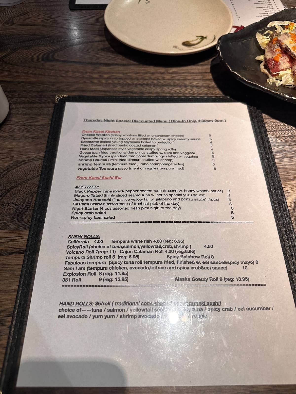 Menu at Kasai Japanese Restaurant, Green