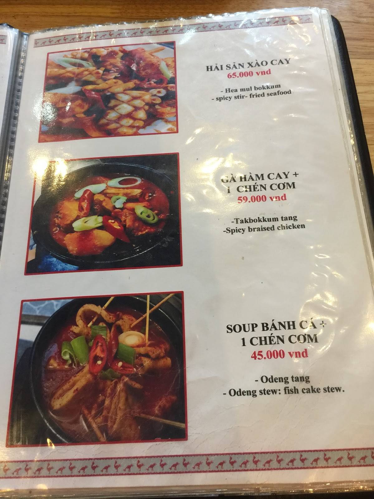 Menu at Kimbap FC restaurant, Ho Chi Minh City