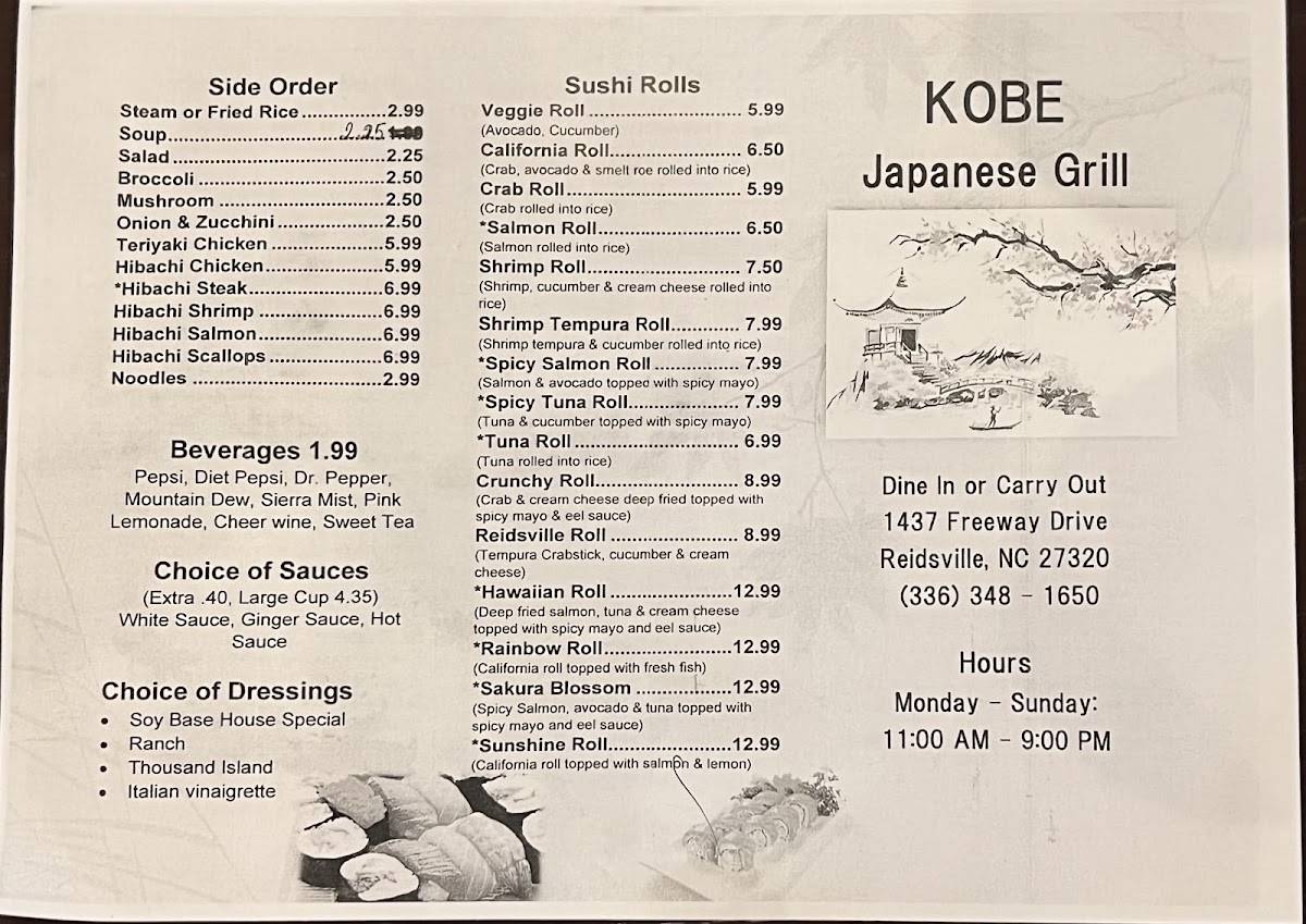 Menu at Kobe Japanese Grill restaurant, Reidsville