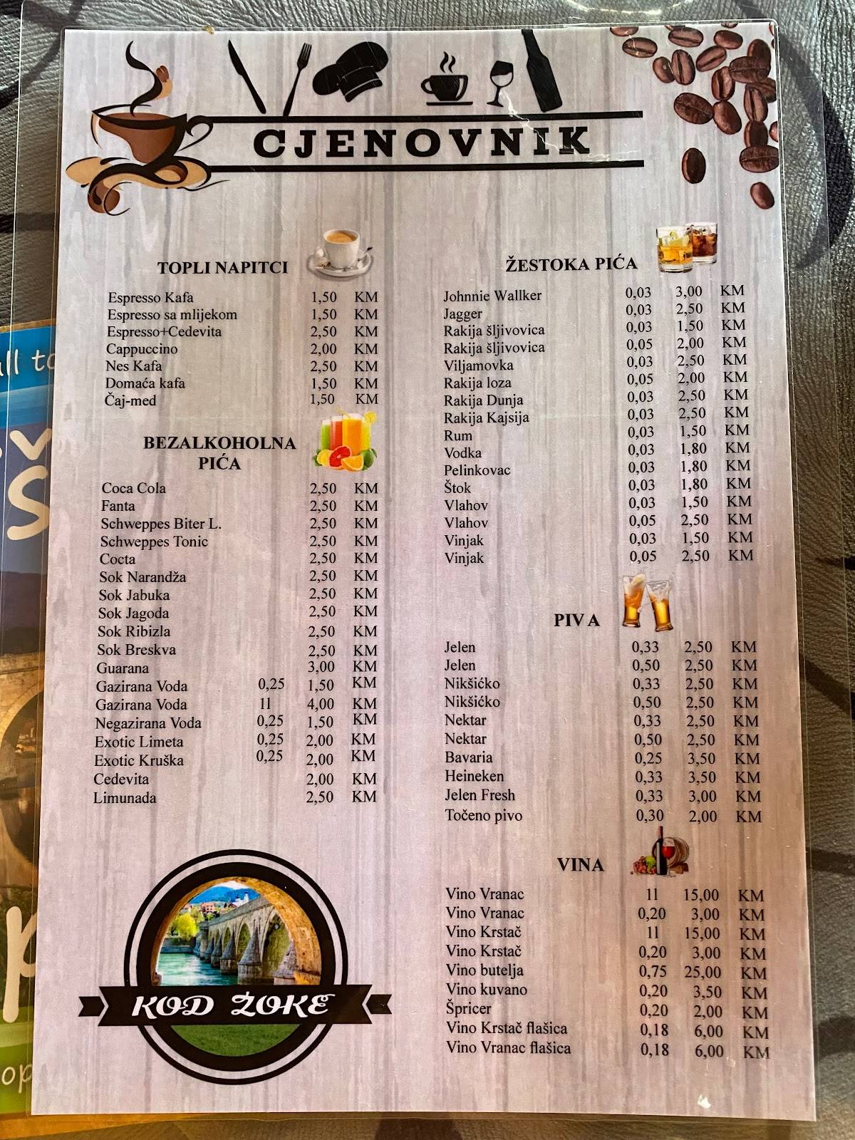 Menu at Kod Zoke restaurant, Višegrad