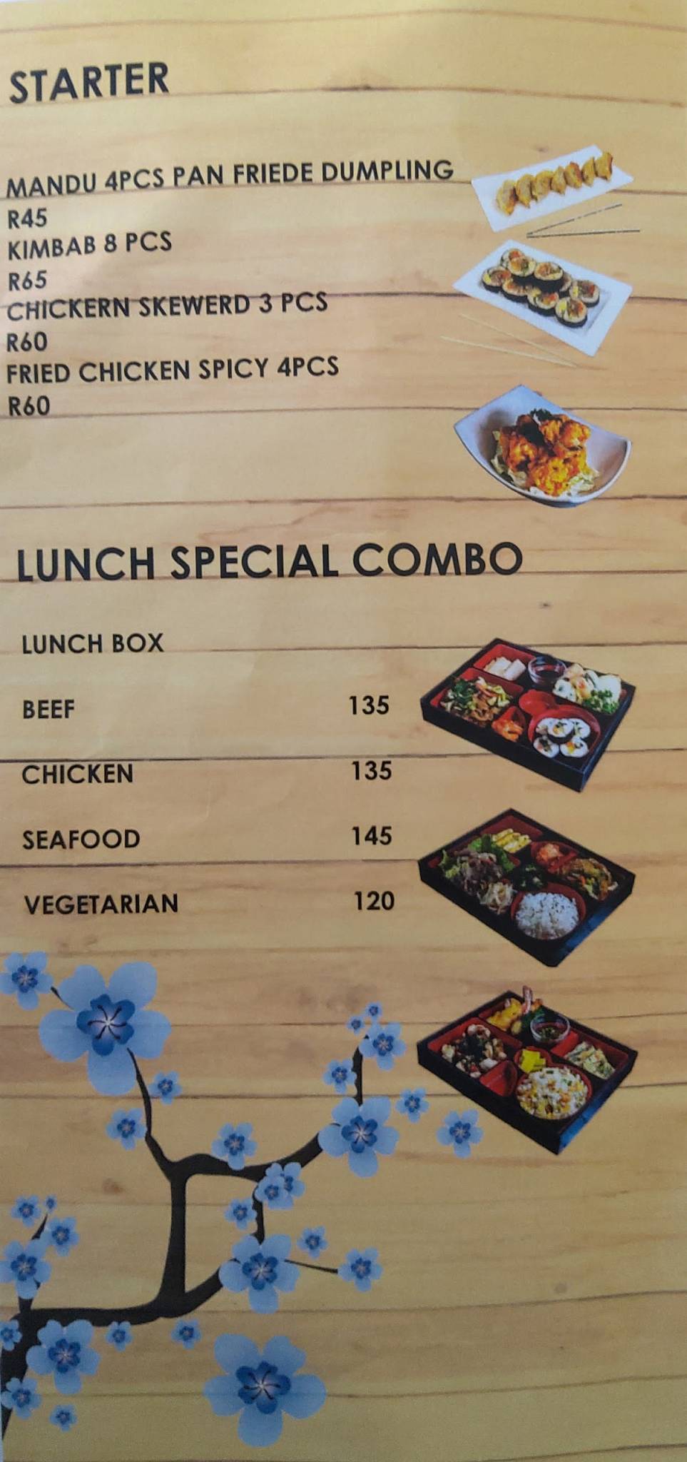 Menu at Korean Style restaurant, Cape Town, 54 Main Rd