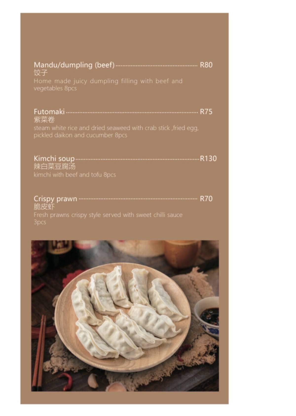 Menu at Korean Style restaurant, Cape Town, 54 Main Rd