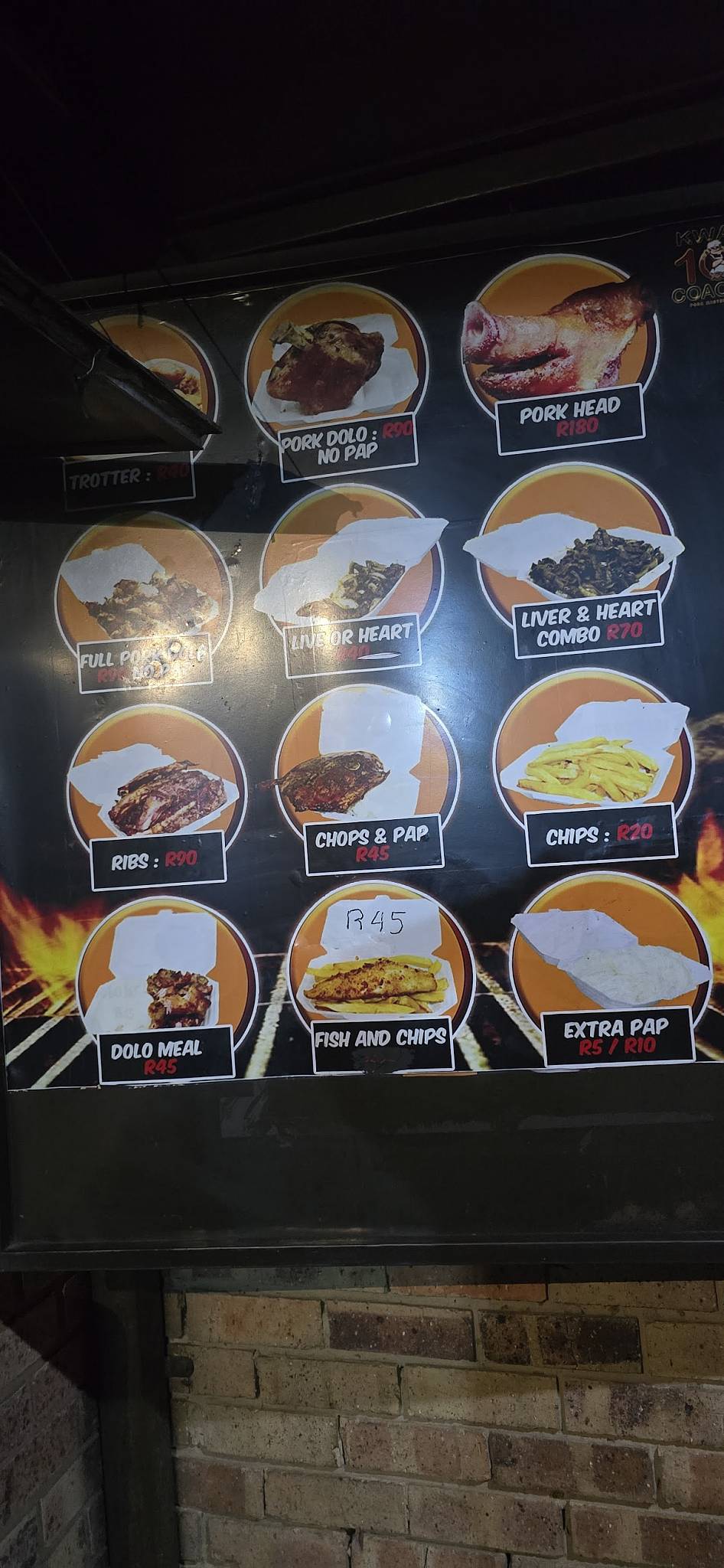 Menu at Kwa Coach restaurant, Soweto