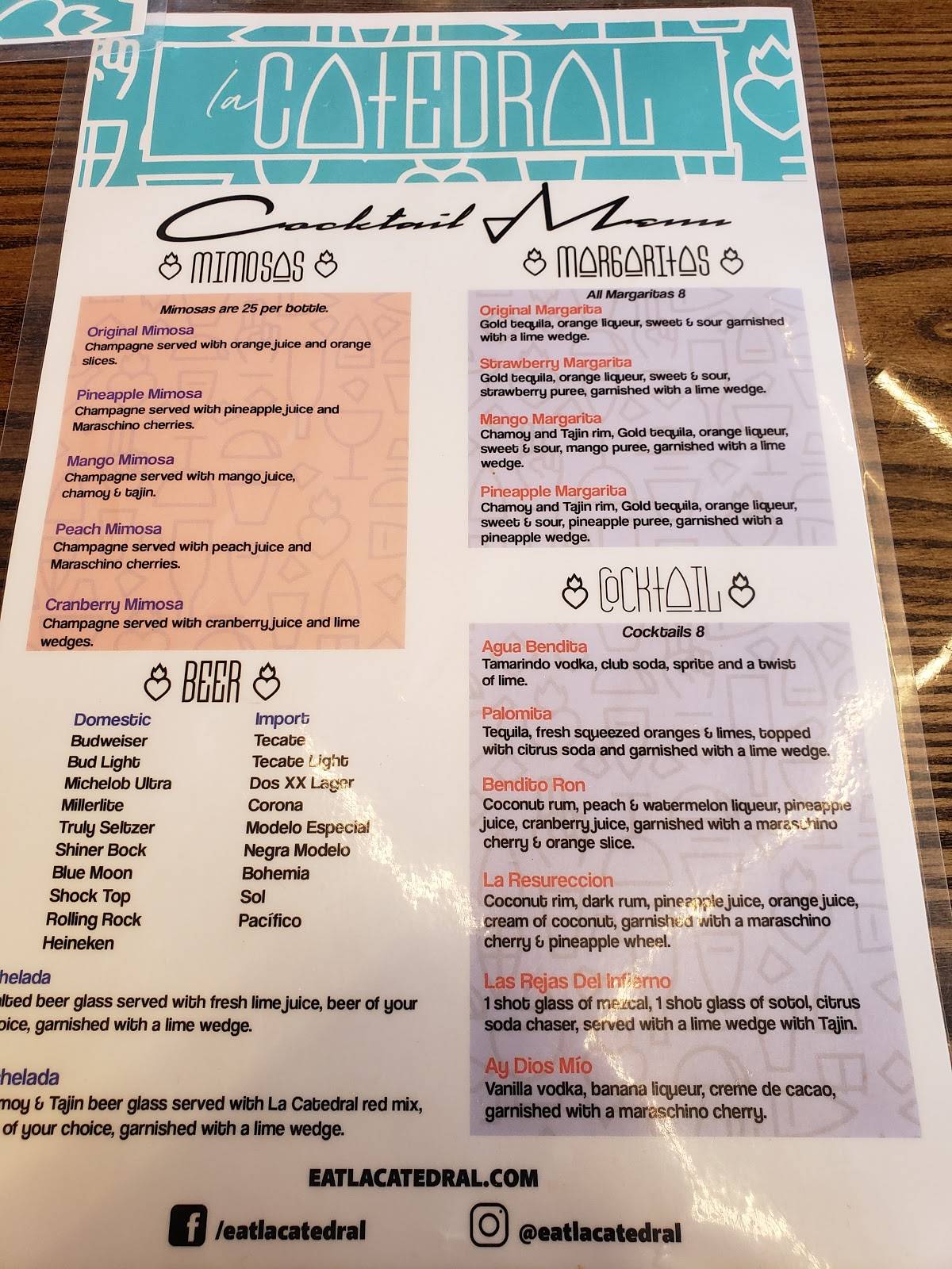 Menu at La Catedral restaurant, El Paso, Montwood Dr