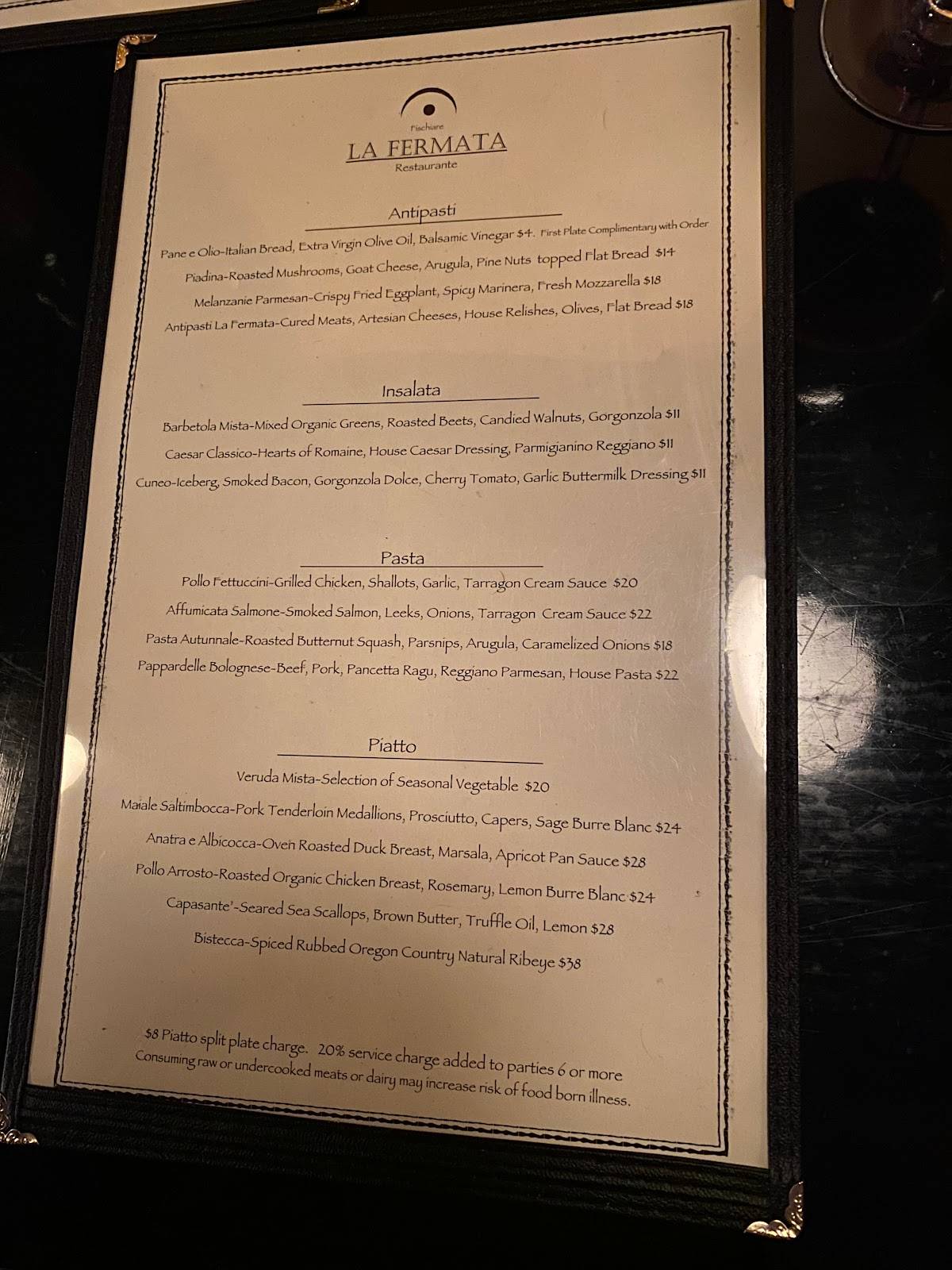 Menu at La Fermata restaurant, Bremerton, E 11th St