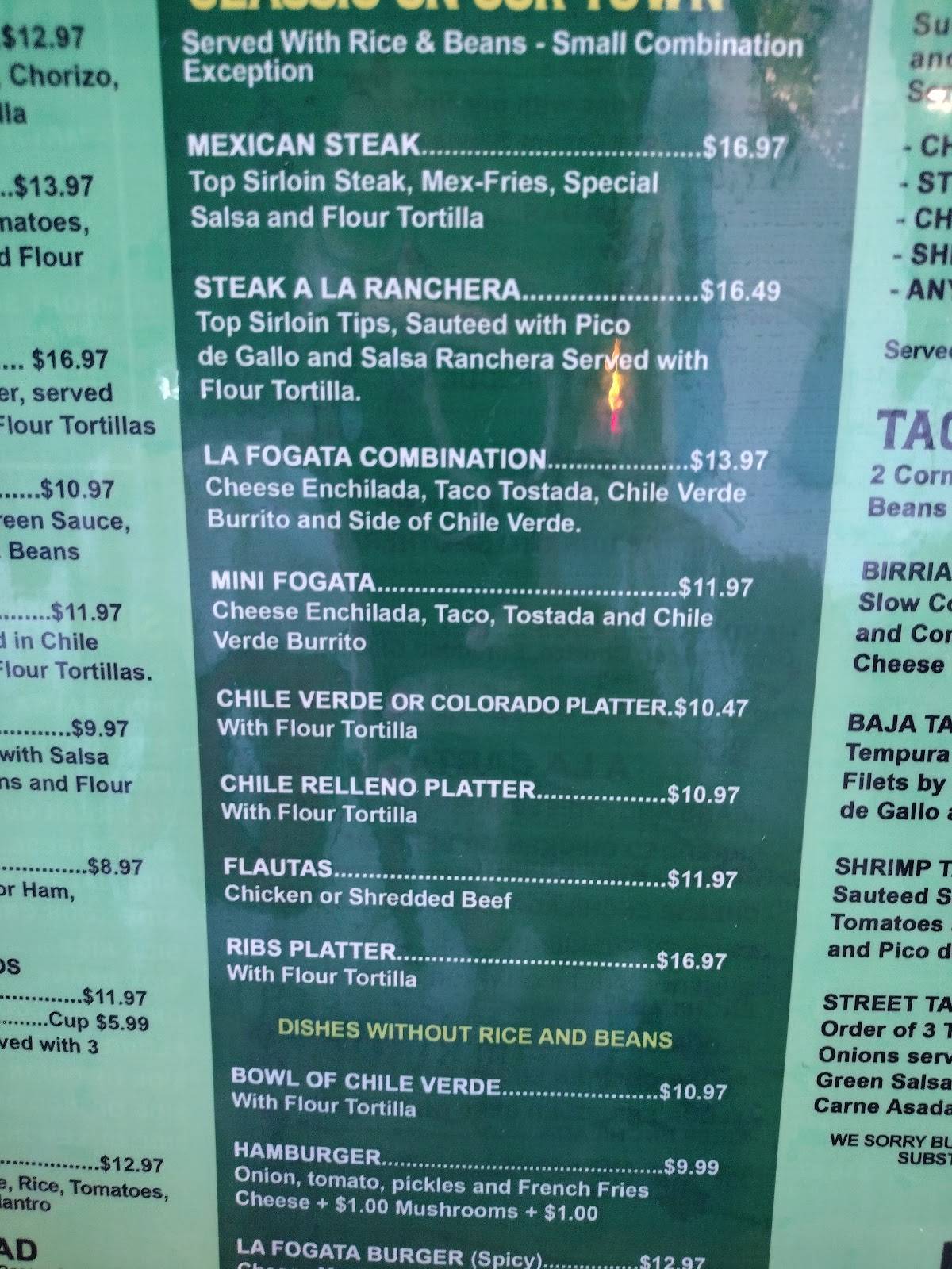Menu at La Fogata Mex-Grill restaurant, Kearns