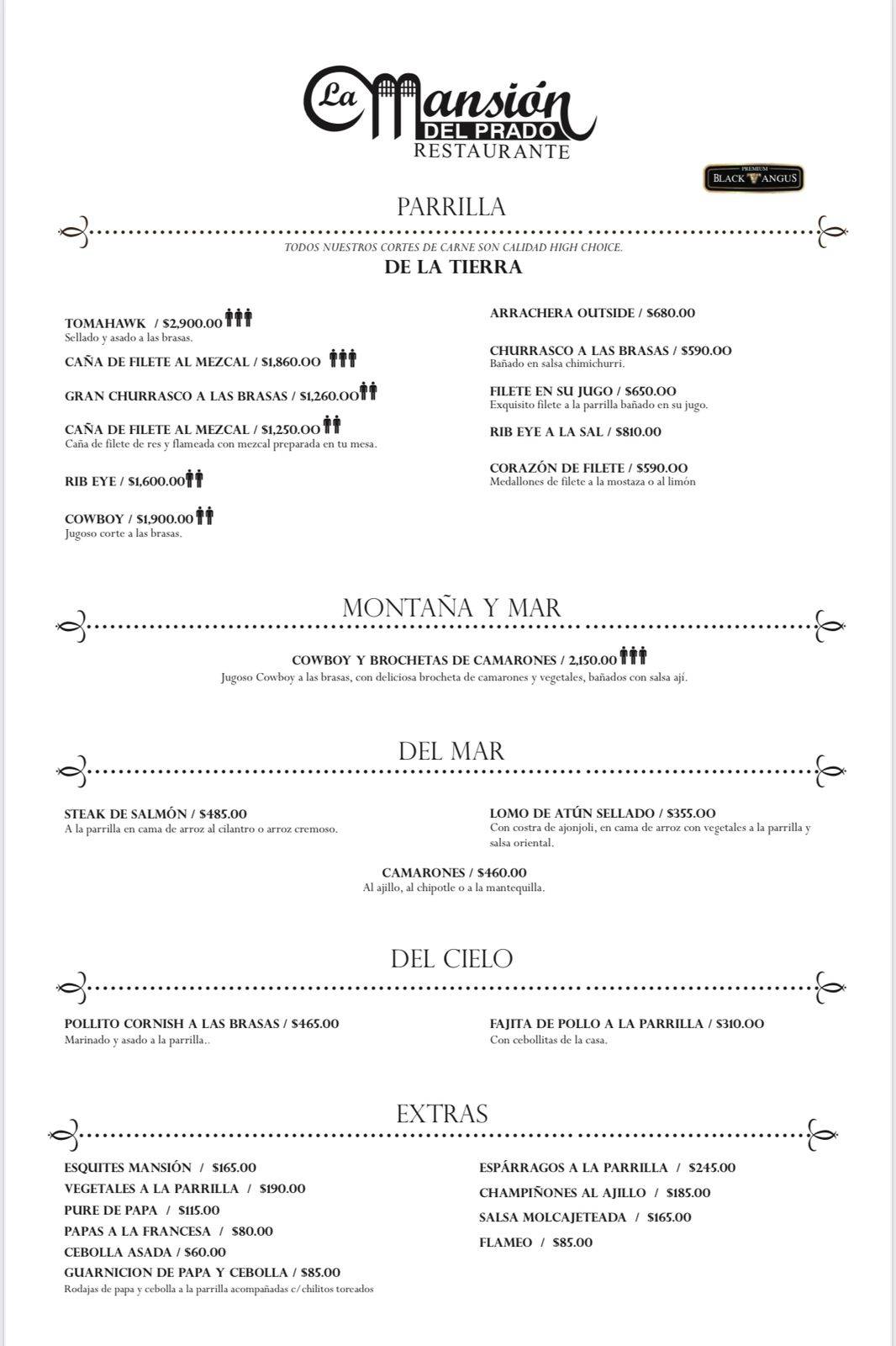 Carta del restaurante La Mansion Del Prado, Reynosa, Emilio Portes Gil S/N