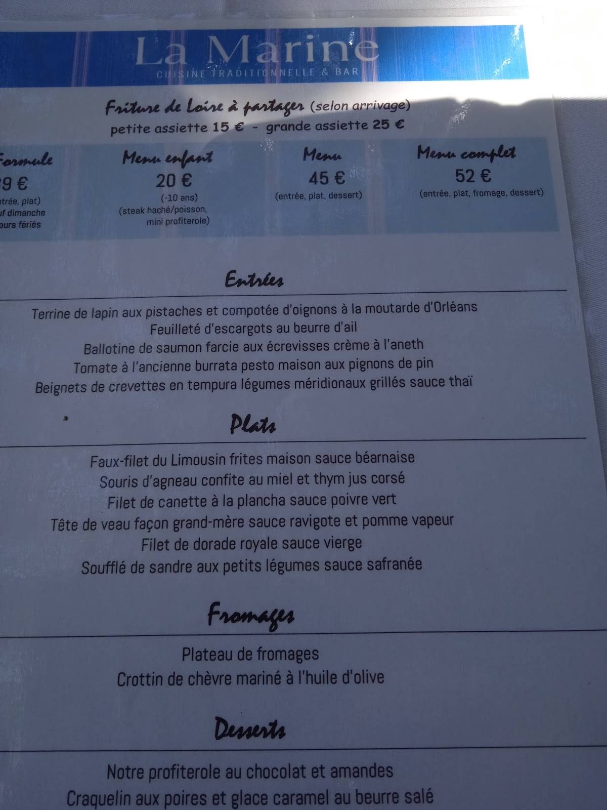 Menu au La Marine restaurant, Bazolles, Etang De Baye et De Vaux