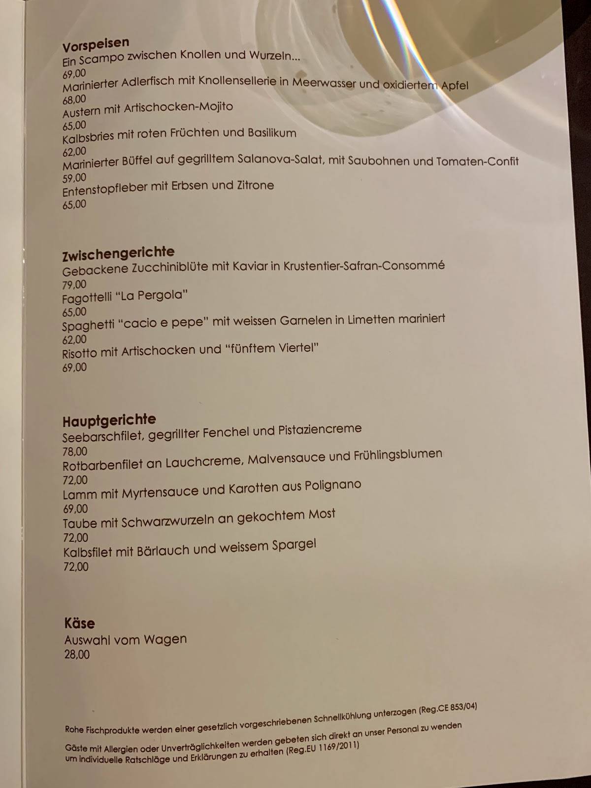 Menu at La Pergola restaurant, Rome, Via Alberto Cadlolo