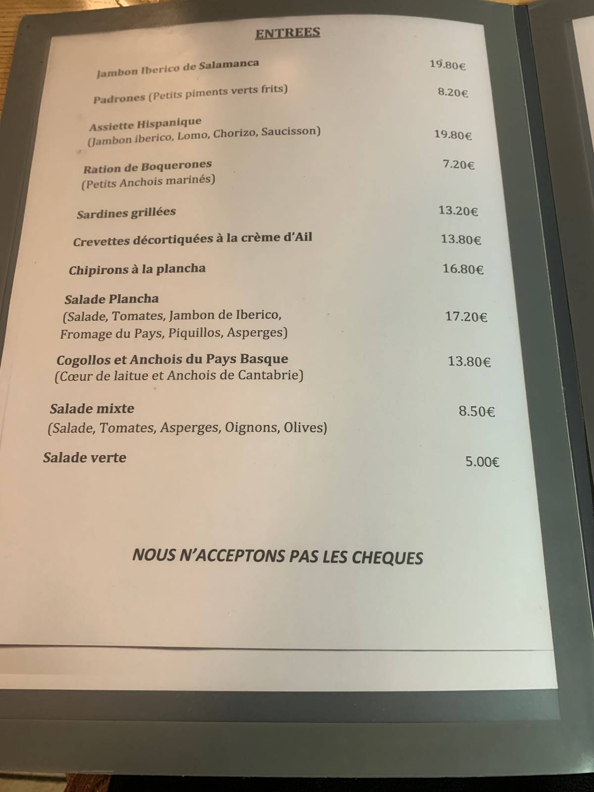 Menu at La Plancha D'Ilbarritz, Bidart