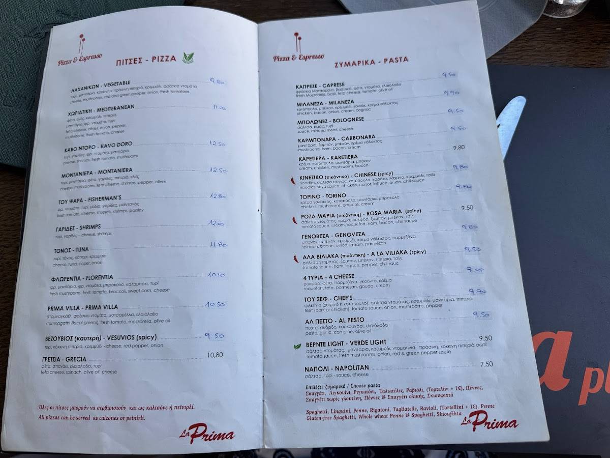 Menu at La Prima, Chania, Ir. Politechniou 29-31