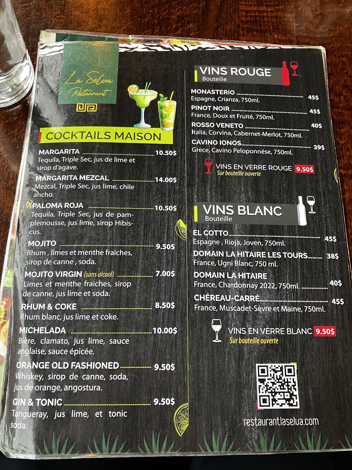 Menu au La Selva restaurant mexicain, Montréal