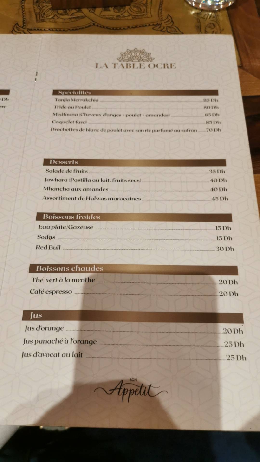 Speisekarte von La Table Ocre - Restaurant Marocain, Marrakesch